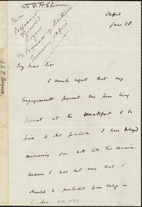 Letter from James Edwin Thorold Rogers, Oxford, [England], to Frederick ...