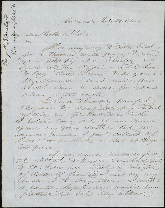 Letter from Jonathan Blanchard, Cincinnati, to Amos Augustus Phelps, July 29. 1845 - Digital ...