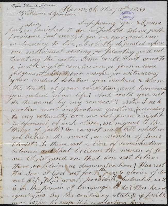 Letter from Elkanah Nickerson, Harwich, [Mass.], to William Lloyd ...