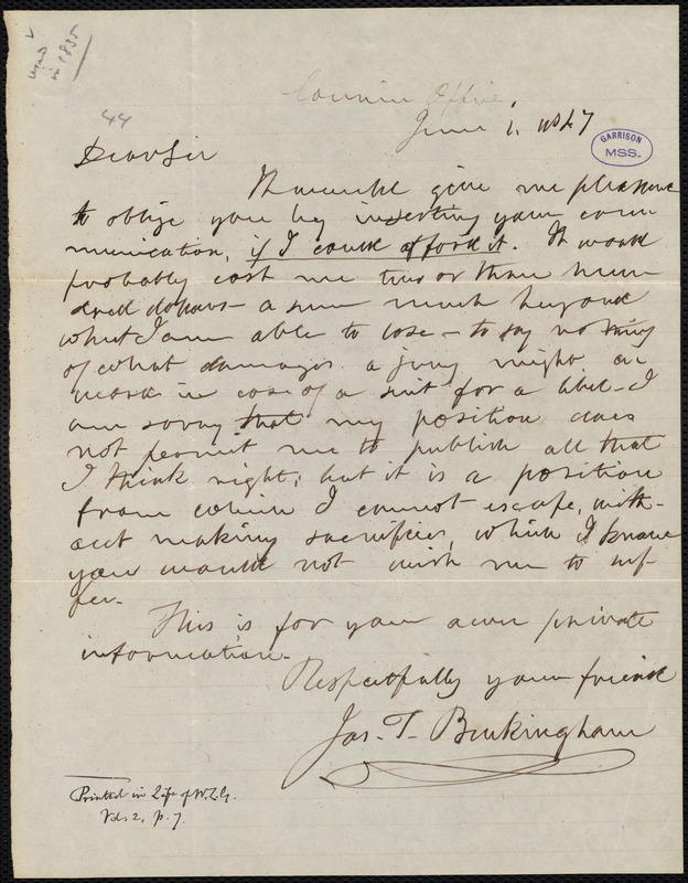 Letter from Joseph Tinker Buckingham, to Francis Jackson, June 1, 1847 ...