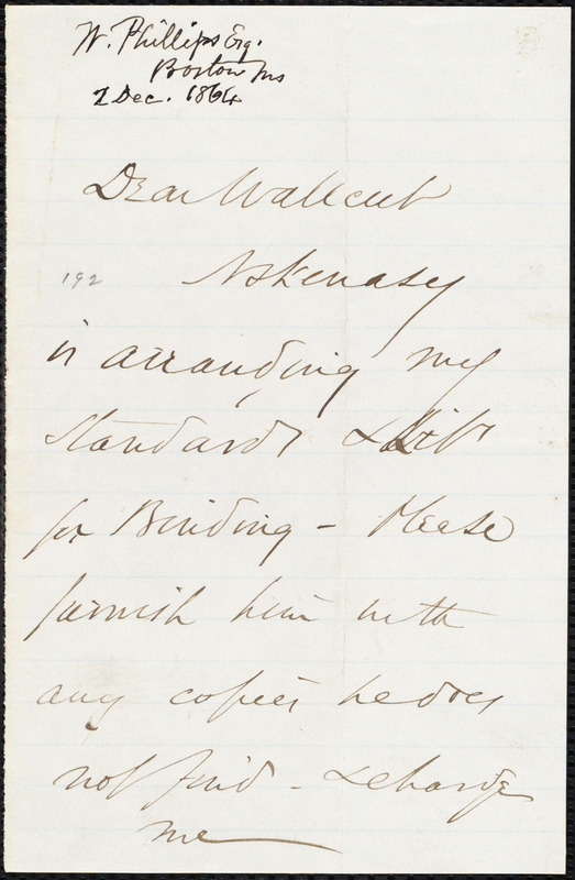 Letter from Wendell Phillips, to Robert Folger Wallcut, Nov[ember] 30 ...