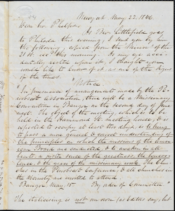 Letter from William Harned, New York, to Amos Augustus Phelps, May 22. 1846 - Digital Commonwealth