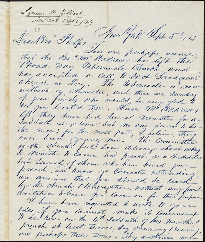 Letter from Lyman W. Gilbert, New York, to Amos Augustus Phelps, Sept 5 '44 - Digital Commonwealth
