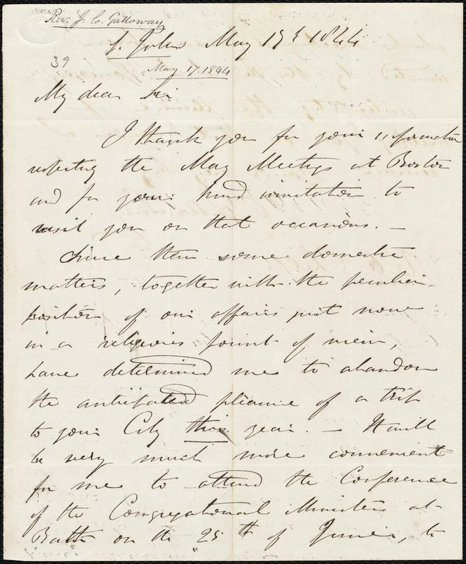 Letter from John Cole Galloway, St. John, to Amos Augustus Phelps, May 19th 1844 - Digital ...