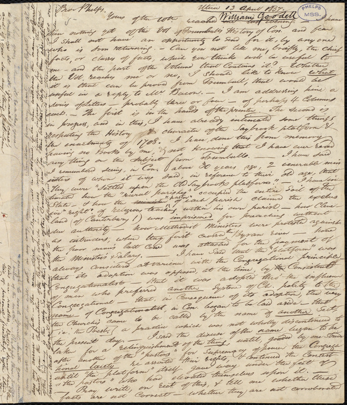 Letter from William Goodell, Utica, to Amos Augustus Phelps, 13 April 1837 - Digital Commonwealth