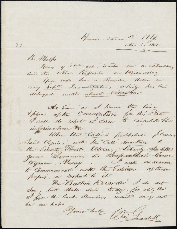 Letter from William Goodell, Honeoye, to Amos Augustus Phelps, Nov. 6. 1845 - Digital Commonwealth