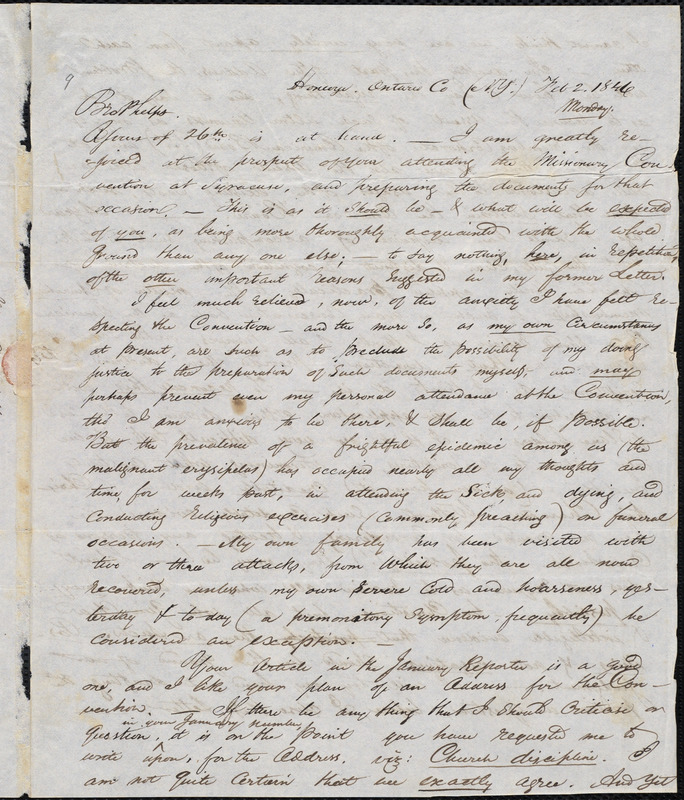 Letter from William Goodell, Honeoye, to Amos Augustus Phelps, Feb 2. 1846 - Digital Commonwealth
