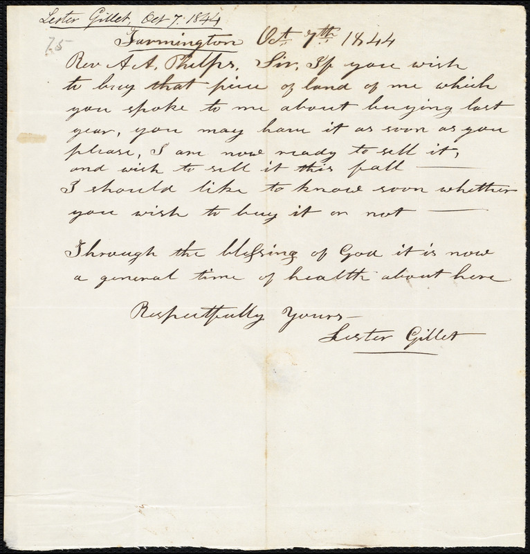 Letter from Lester Gilbert, Farmington, to Amos Augustus Phelps, Oct 7th 1844 - Digital Commonwealth