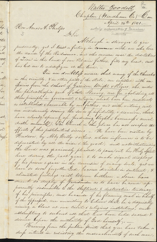 Letter from Walter Goodall, Chaplin, to Amos Augustus Phelps, April 20th 1841 - Digital Commonwealth
