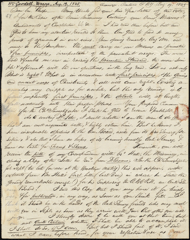 Letter from William Goodell, Honeoye, to Amos Augustus Phelps, Aug. 19. 1845 - Digital Commonwealth