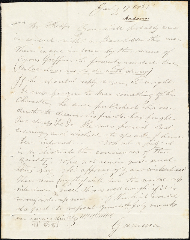 Letter from John Cole Galloway, [Andover], to Amos Augustus Phelps, July 17 1835 - Digital ...