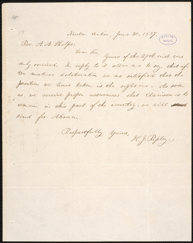 Letter from Henry Jones Ripley, Newton Center, to Amos Augustus Phelps, June 30, 1837 - Digital ...