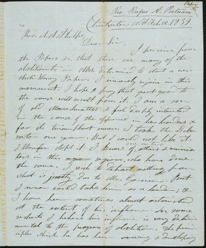 Letter from Rufus Austin Putnam, Chichester, to Amos Augustus Phelps, Feb. 12 1839 - Digital ...