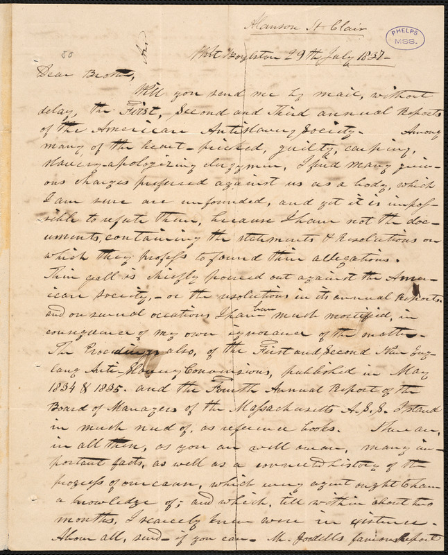 Letter from Alanson St. Clair, West Boylston, to Amos Augustus Phelps, 29th July 1837 - Digital ...