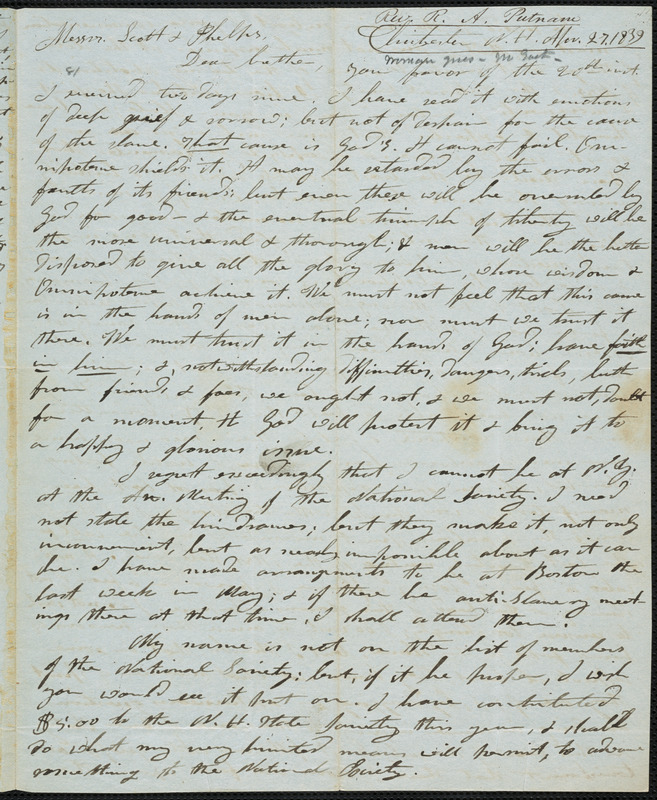 Letter from Rufus Austin Putnam, Chichester, to Amos Augustus Phelps ...