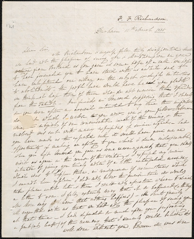 Letter from F. F. Richardson, Durham, to Amos Augustus Phelps, 11th ...