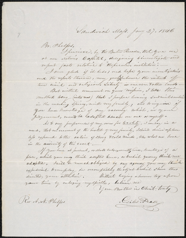 Letter from Giles Pease, Sandwich, to Amos Augustus Phelps, Jany 27 ...