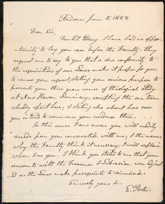 Letter from Ebenezer Porter, Andover, to Amos Augustus Phelps, June 5. 1828 - Digital Commonwealth