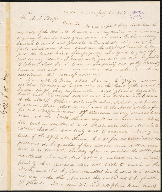 Letter from Henry Jones Ripley, Newton Center, to Amos Augustus Phelps, July 5, 1837 - Digital ...