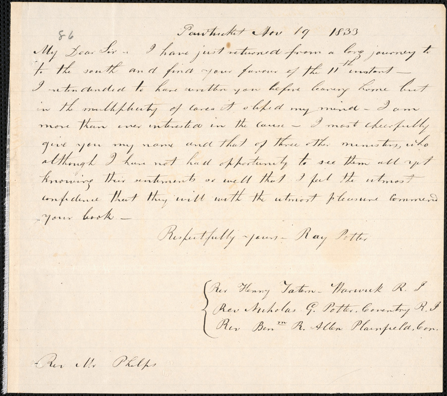 Letter from Ray Porter, Pawtucket, to Amos Augustus Phelps, Nov 19 1833 - Digital Commonwealth