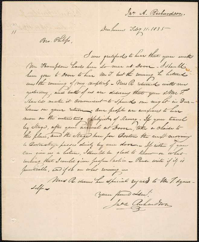 Letter from John A. Richardson, Durham, to Amos Augustus Phelps, July ...