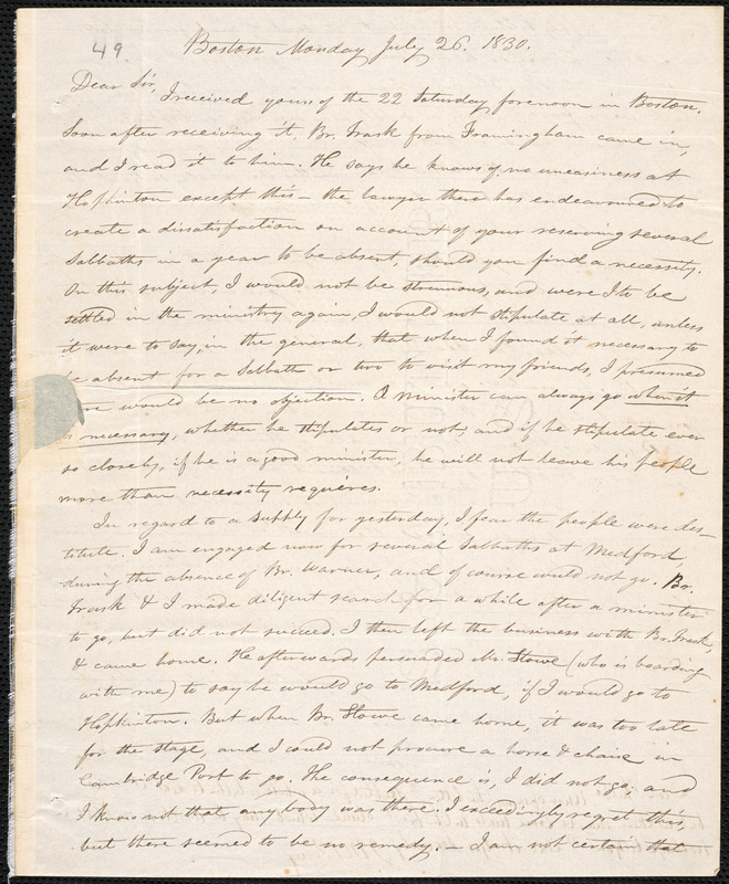 Letter from Enoch Pond, Boston, to Amos Augustus Phelps, July 26. 1830 - Digital Commonwealth