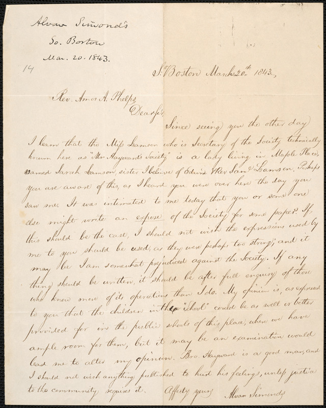 Letter from Alvan Simonds, S. Boston, to Amos Augustus Phelps, March 20th 1843 - Digital ...