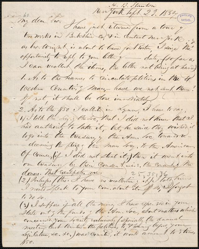 Letter from Henry Brewster Stanton, New York, to Amos Augustus Phelps, Sept 23. 1837 - Digital ...