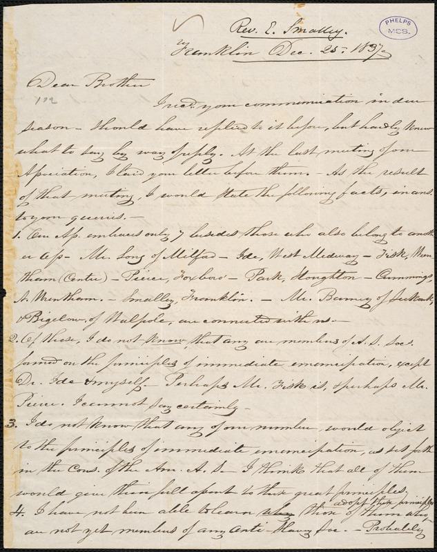 Letter from Elam Smalley, Franklin, to Amos Augustus Phelps, Dec. 25. 1837 - Digital Commonwealth