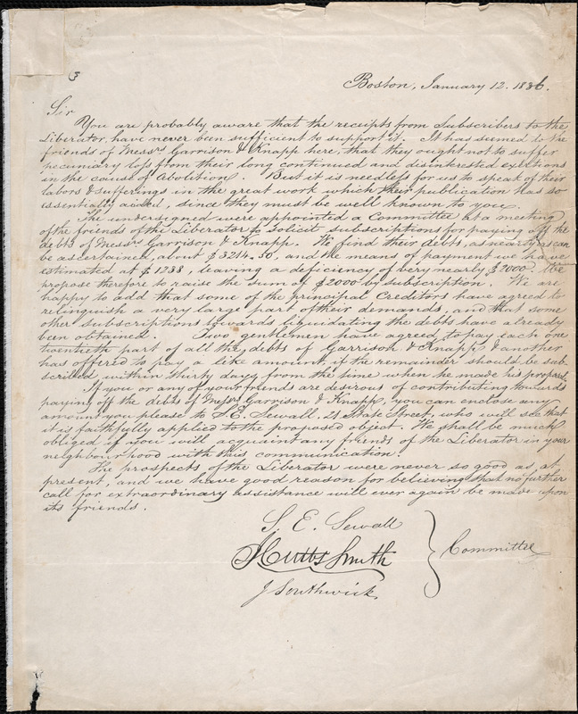 Letter from Joseph Southwick, Boston, to Amos Augustus Phelps, January 12. 1836 - Digital ...