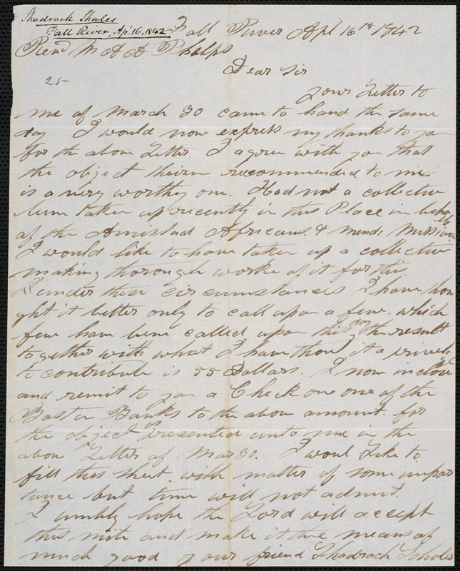 Letter from shadrach Scholes, Fall River, to Amos Augustus Phelps, Apl 16th 1842 - Digital ...