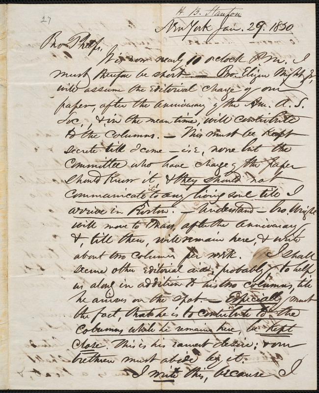 Letter from Henry Brewster Stanton, New York, to Amos Augustus Phelps, Jan 29. 183[9] - Digital ...