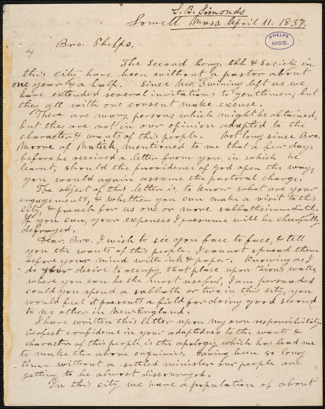Letter from Samuel B. Simonds, Lowell, to Amos Augustus Phelps, April 11. 1837 - Digital ...