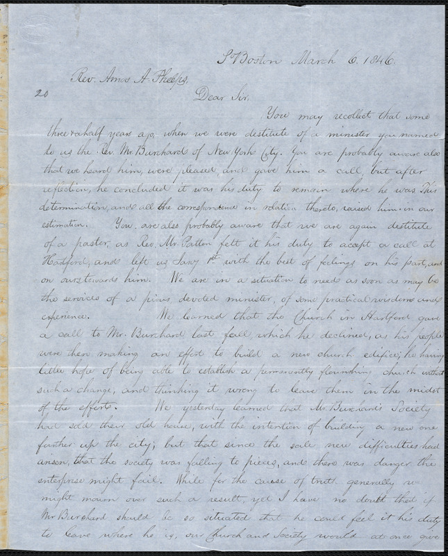 Letter from Alvan Simonds, S. Boston, to Amos Augustus Phelps, March 6, 1846 - Digital Commonwealth