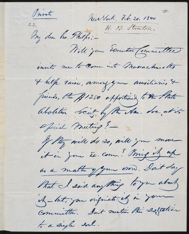 Letter from Henry Brewster Stanton, New York, to Amos Augustus Phelps, Feb. 20. 1840 - Digital ...