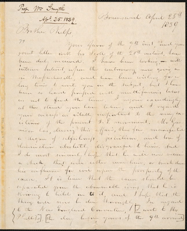 Letter from William Smyth, Brunswick, to Amos Augustus Phelps, April 25th 1839 - Digital ...