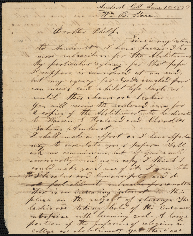 Letter from William Bowman Stone, [Amherst], to Amos Augustus Phelps, June 10, 1839 - Digital ...