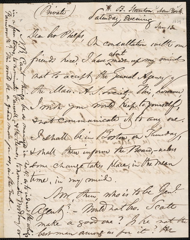 Letter from Henry Brewster Stanton, New York, to Amos Augustus Phelps, Jan. 13. [1839 ...