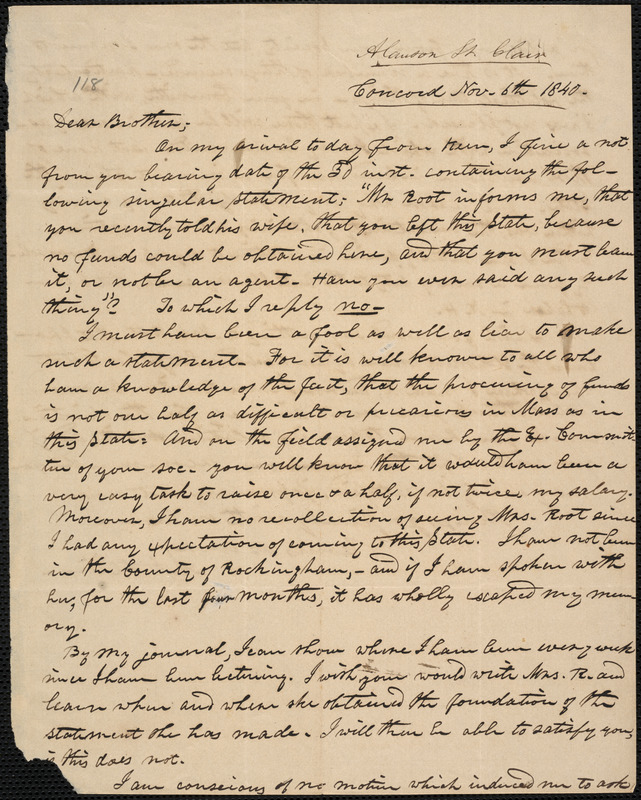 Letter from Alanson St. Clair, Concord, to Amos Augustus Phelps, Nov ...