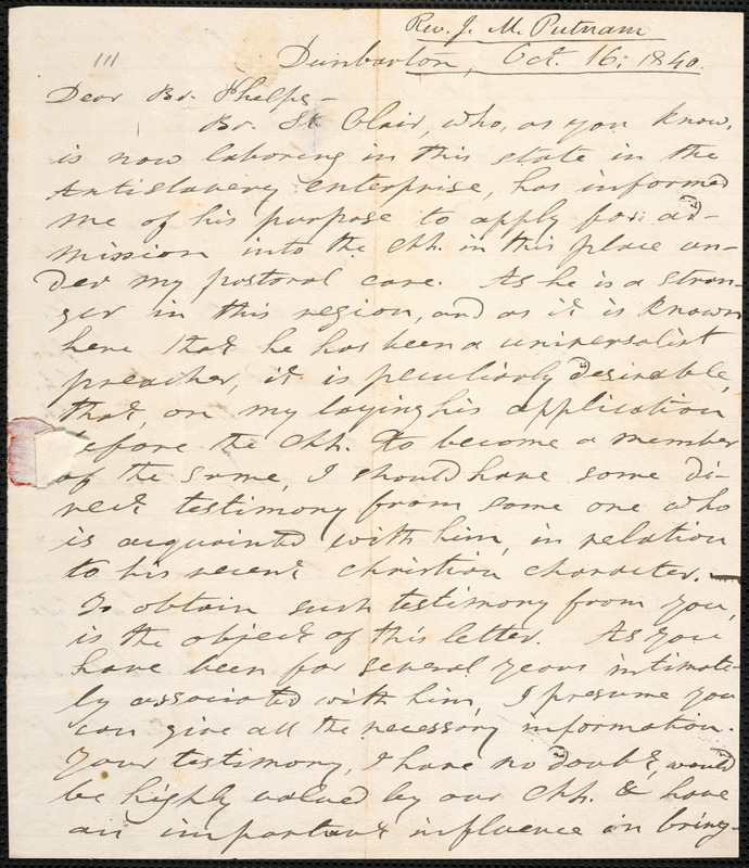 Letter from John Mason Putnam, Dunbarton, to Amos Augustus Phelps, Oct. 16: 1840 - Digital ...