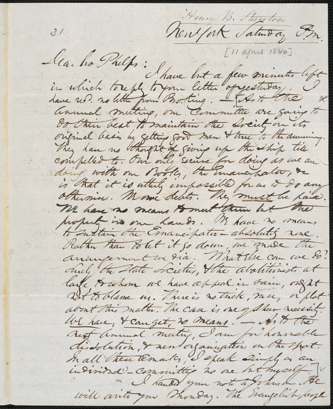 Letter from Henry Brewster Stanton, New York, to Amos Augustus Phelps, [April 11 1840] - Digital ...
