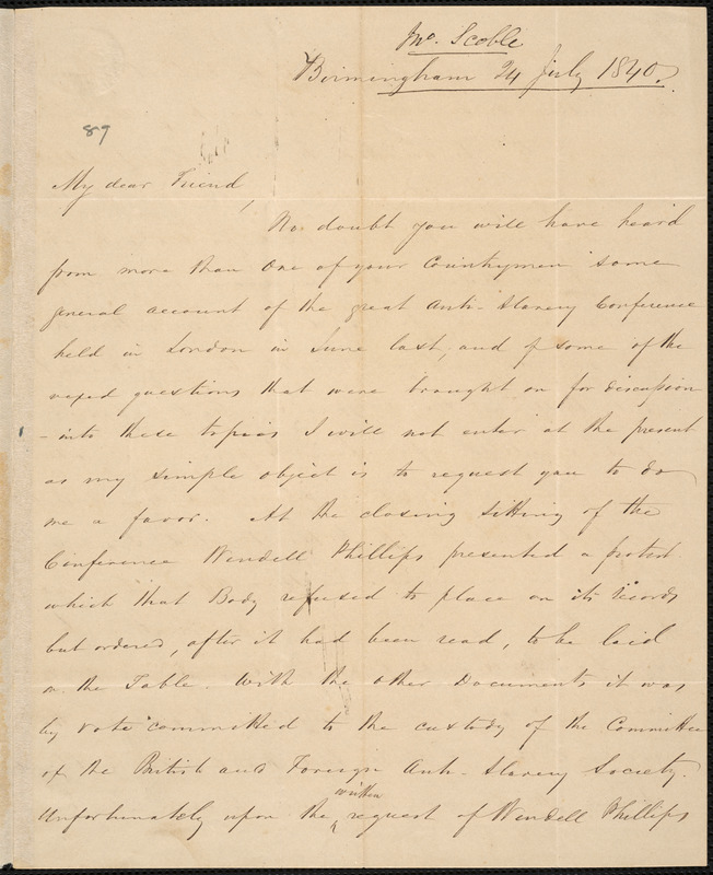 Letter from John Scoble, Birmingham, to Amos Augustus Phelps, 24 July ...