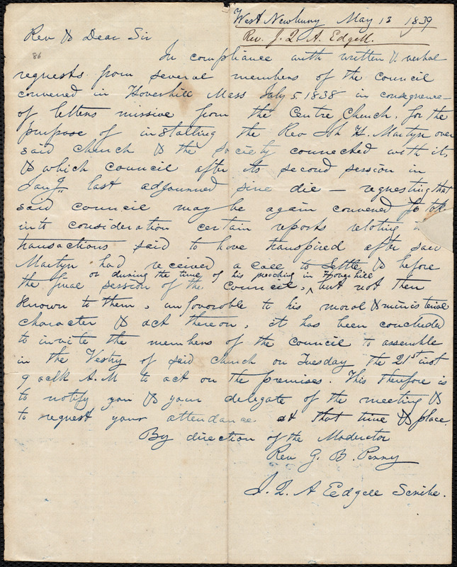 Letter from John Quincy Adams Edgell, West Newbury, to Amos Augustus ...