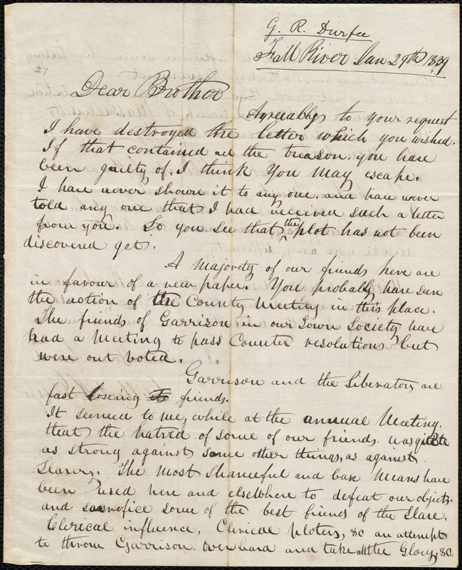 Letter from Gilbert H. Durfee, Fall River, to Amos Augustus Phelps, Jan 29th 1839 - Digital ...