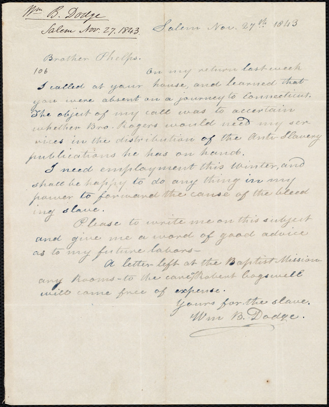 Letter from William B. Dodge, Salem, to Amos Augustus Phelps, Nov. 27th 1843 - Digital Commonwealth
