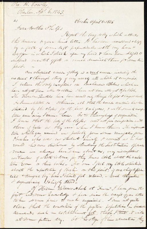 Letter from Henry Cowles, Oberlin, to Amos Augustus Phelps, April 6. 1843 - Digital Commonwealth