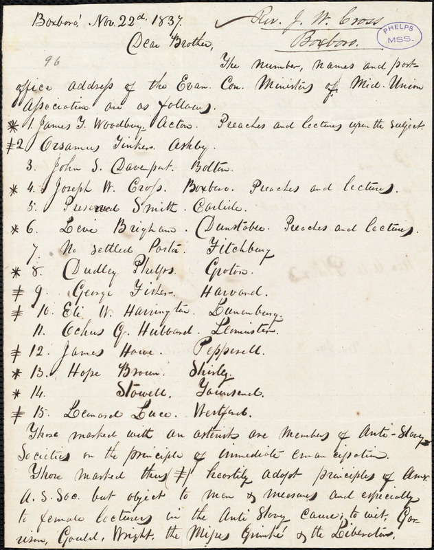 Letter from Joseph Warren Cross, Boxboro, to Amos Augustus Phelps, Nov. 22d 1837 - Digital ...