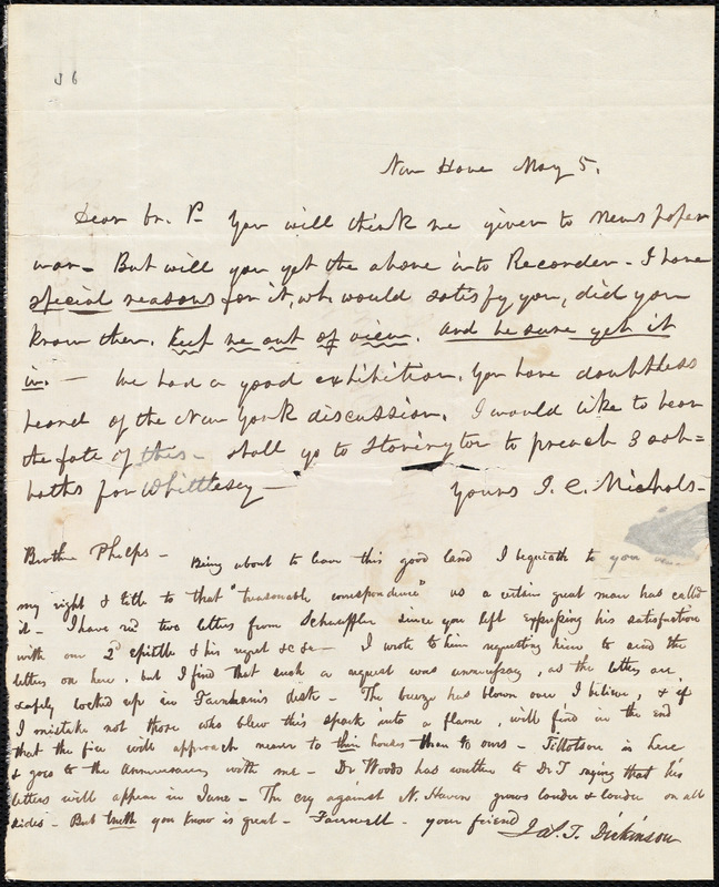 Letter from John Cutler Nichols, New Haven, to Amos Augustus Phelps ...