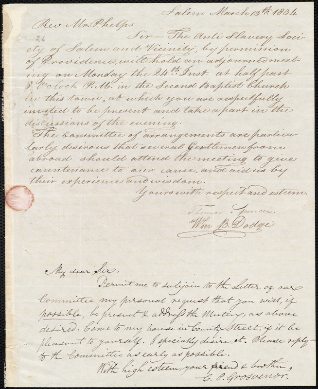 Letter from Thomas Spencer, Salem, to Amos Augustus Phelps, March 13th 1834 - Digital Commonwealth