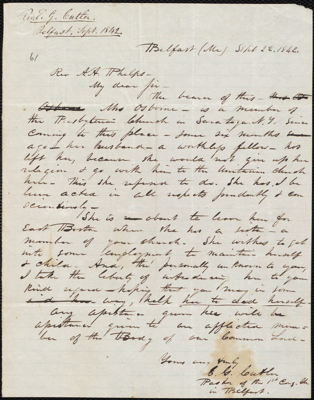 Letter from Elbridge Gerry Cutler, Belfest (Me), to Amos Augustus Phelps, Sept 22. 1842 ...